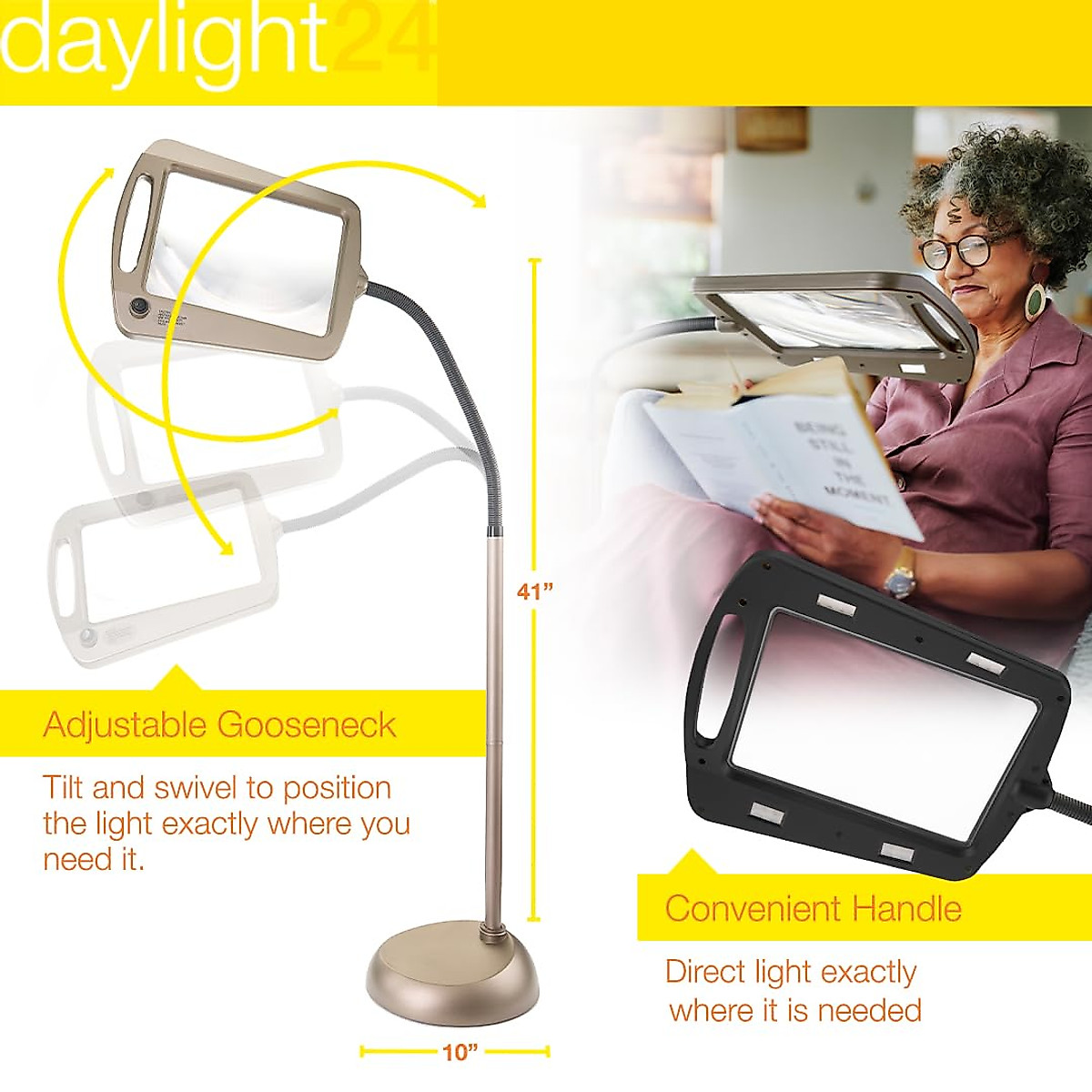 daylight24 402039-05 Full Page 8 x 10 Inch Magnifier LED Illuminated Floor Lamp, Silver