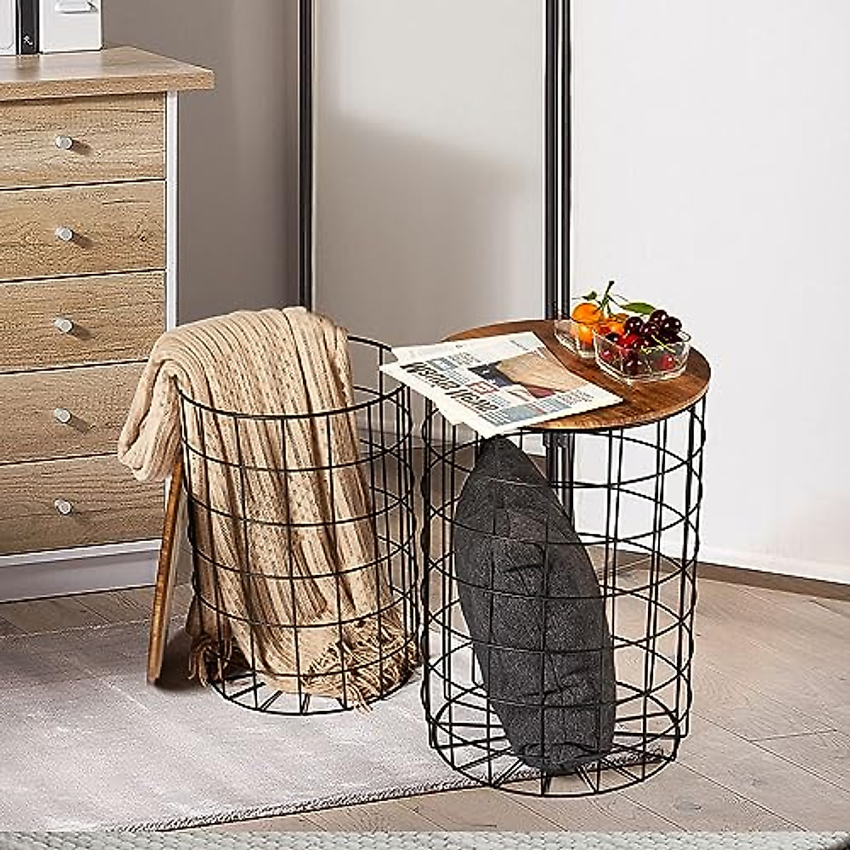 Jolydale Nesting End Table with Storage, Side Tables Wire Basket Table with Lid, Round End Table with Removeable Top and Steel Frame for Living Room, Bedroom, Office, (Brown)