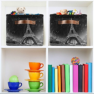ALAZA Decorative Basket Rectangular Storage Bin, Wonderful Night View of Eiffel Tower in Paris Organizer Basket with Leather Handles for Home Office