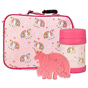 Bentology Kids Lunch Bag Set (Unicorn) w Reusable Hard Ice Pack and Double-Insulated Food Jar - Perfect Lunchbox Kits for Girls Back to School