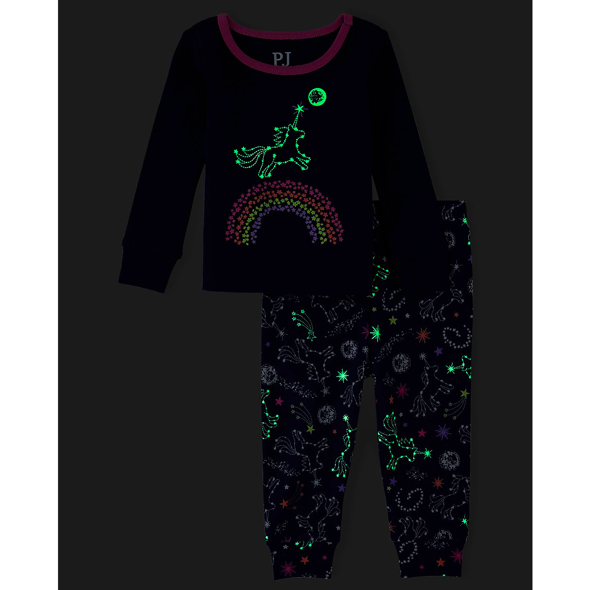 The Children's Place Girls' and Toddler Long Sleeve Top and Pants Snug Fit 100% Cotton 2 Piece Pajama Set, Glow Unicorn-Baby