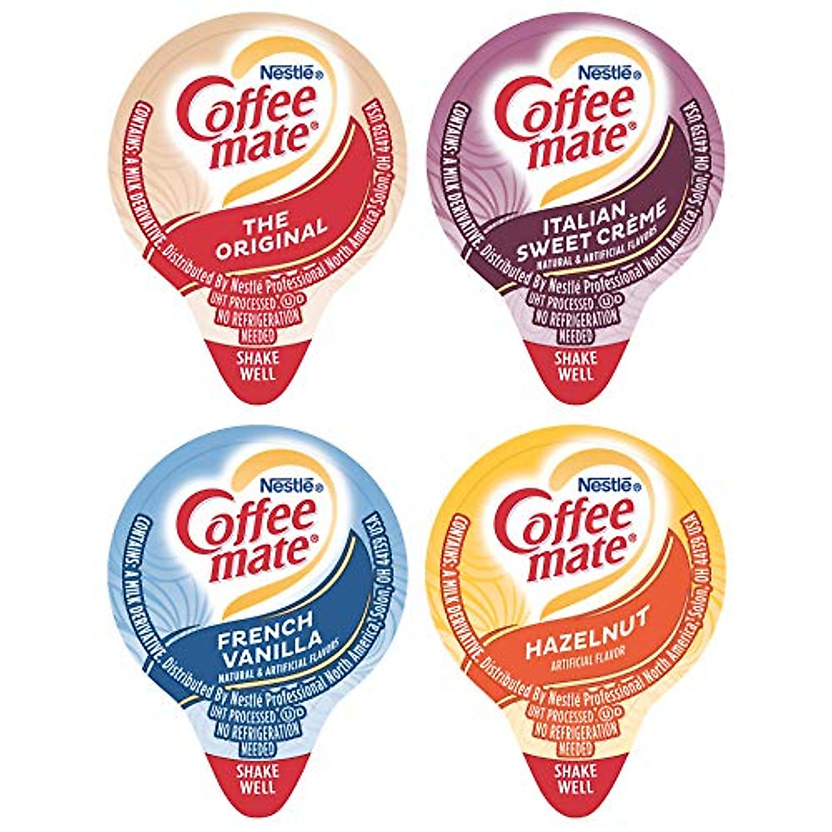 Coffee mate Liquid .375oz Variety Pack (4 Flavor) 100 Count includes Original, French Vanilla, Hazelnut, Italian Sweet Crème & By The Cup Sugar Packets