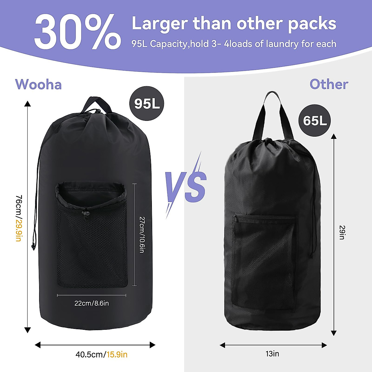 WOOHA 95L Backpack Travel Laundry Bag with Shoulder Straps and Mesh - Durable Polyester Laundry Hampers for Travel, Apartments, Laundromats and Universities (Black)