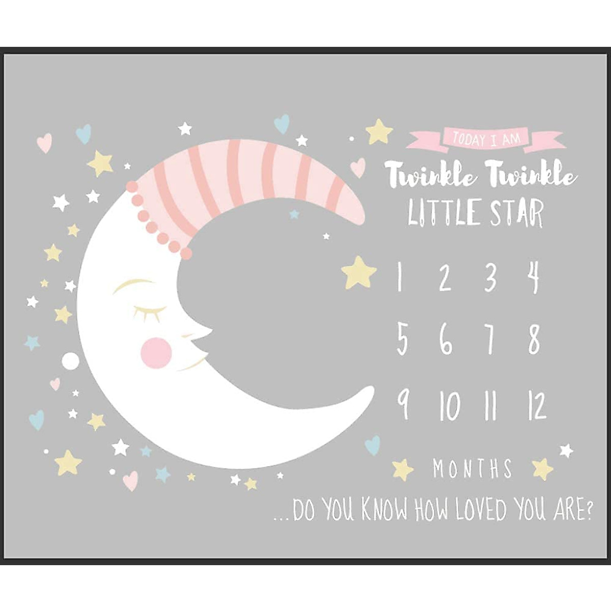 Baby Monthly Milestone Blanket Newborn Girl Pink Moon Star Smiley Hat Photo Props Shoots Backdrop Shower Gift Nursery Decor Photography Growing Infants Memory Swaddle Blanket with Headband Frame