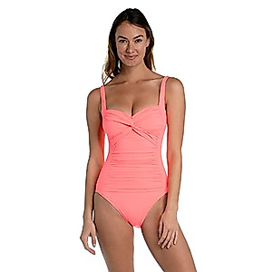 La Blanca Women's Island Goddess Over The Shoulder Rouched Front Bandeau One Piece Swimsuit, Hot Coral, 16