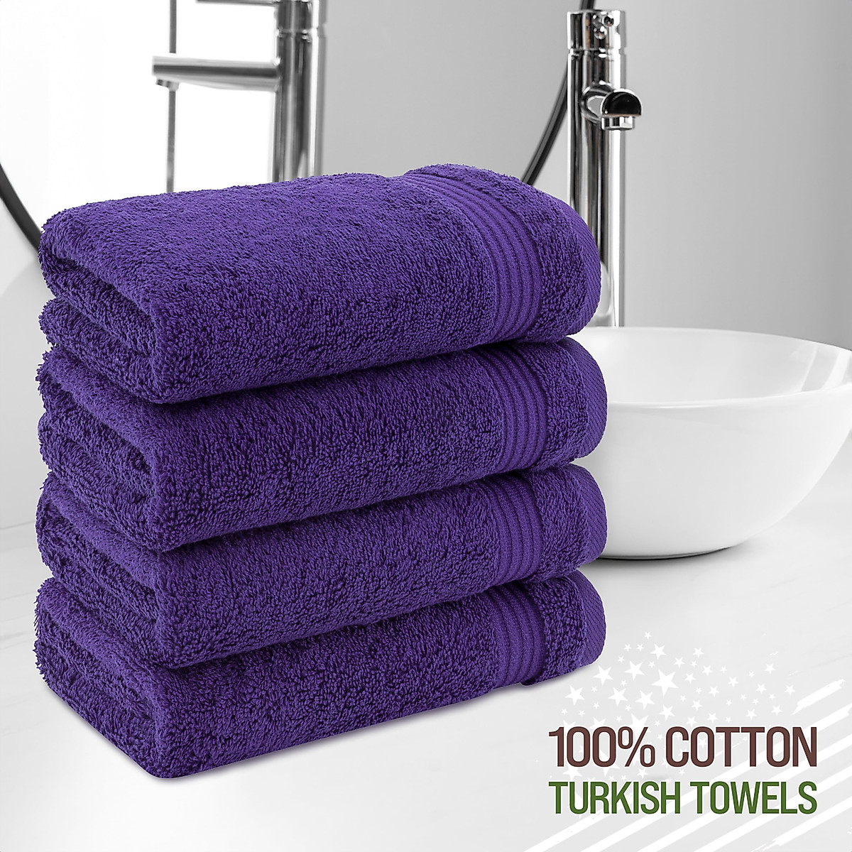 American Veteran Towel, Hand Towels for Bathroom Set of 4, 100% Cotton Turkish Hand Towel Sets Clearance Prime, Soft Drying Hand Face Towels, Purple Hand Towels