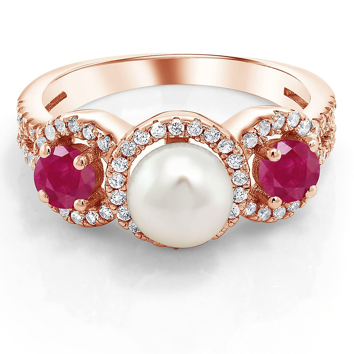 Gem Stone King 1.50 Ct Round Red Ruby 18K Rose Gold Plated Silver Cultured Freshwater Pearl Ring (Size 8)