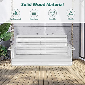 Giantex Wooden Porch Swing 2 Seat - Outdoor Swinging Chairs with Hanging Chains, 600 lbs Weight Capacity, 4 FT Finished Fir Wood Bench Swing for Patio, Outside, Garden, Lawn, Backyard (White)