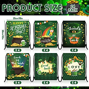 24 Pcs St. Patrick's Day Drawstring Bags Shamrock Backpack Irish Theme Gift Bags Clover Printed Storage Goody Bags Treat Candy Bags for St. Patrick's Party Traveling Outdoor Supply, 6 Designs