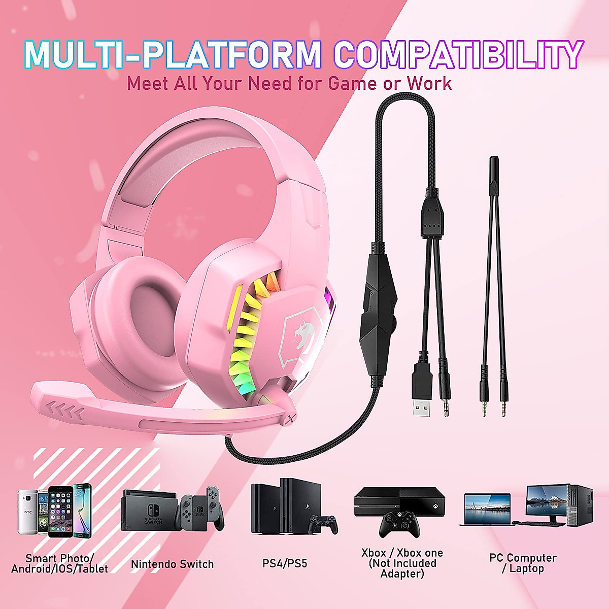 Wired Gaming Headset with Rainbow RGB Backlight Retractable Noise Isolating Microphone Stereo Sound Deep Bass Memory Foam Earmuff Over Ear Headphone for PS4 Xbox One Switch PC Mac Gamer Music (Pink)