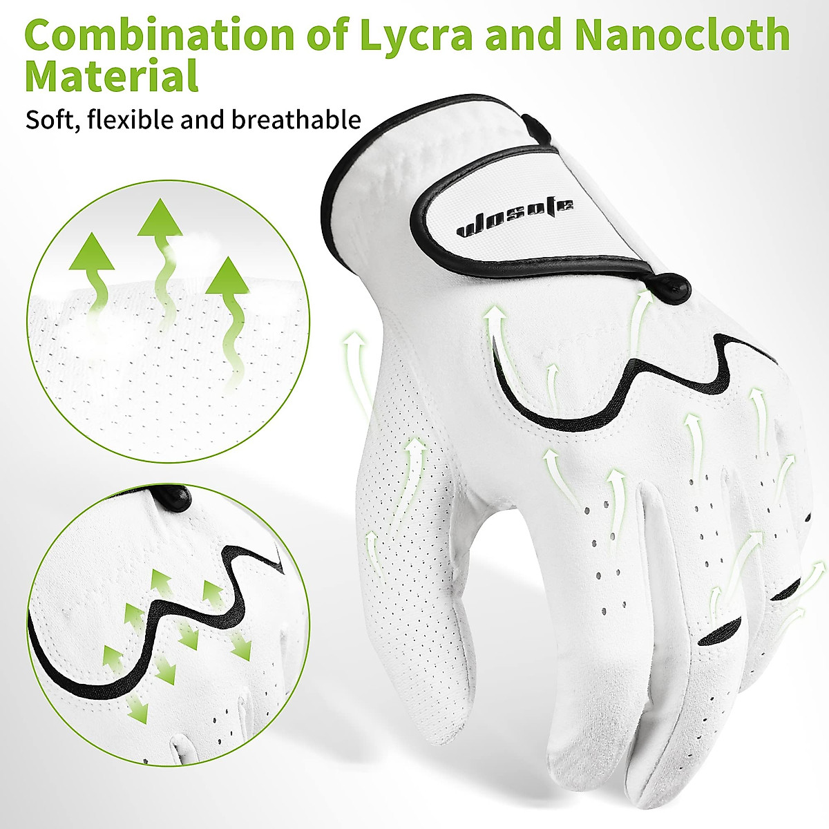 wosofe Men’s Golf Glove Left Hand non-slip breathable Lycra Nanocloth Soft Comfortable No Sweat All Weather liner and Green Fork(Large)