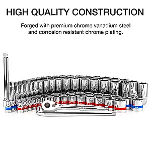 Neiko 02472A 3/8-Inch-Drive Colored Mechanics Tool Ratchet, Socket Set, 76-Piece Standard and Deep SAE Sizes 1/4" to 1" Metric Sizes 6 mm to 24 mm Made with CrV Steel for Auto Repair