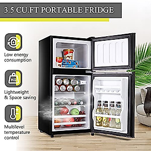 KRIB BLING 3.5Cu.Ft Compact Refrigerator, Retro Fridge with Dual Door Small Refrigerator with freezer, 7 Level Adjustable Thermostat for Dorm, Garage, Office, Bedroom, Apartment, Black