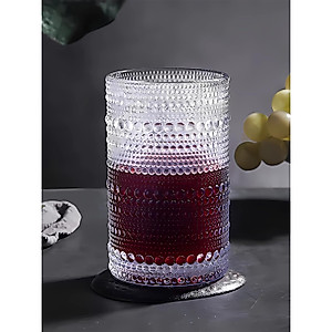 Ework4U 2 Pcs Iced Coffee Glasses Cups with Bamboo Lids and Straws,14 oz Thick Emboss Beaded Drinking Glass Cup Set,Latte Glasses,Ideal for Water,Soda,Gift - with Cleaning Brushe