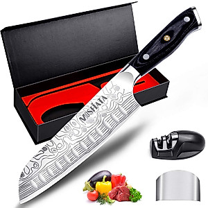 MOSFiATA 8 inch Chef's Knife & 8 inch Tatanium Plated Chef's Knife & 7 inch Santoku Knife