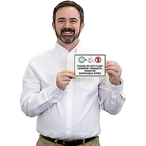 SmartSign (Pack of 4) 5 x7 inch “Please Do Not Flush Feminine Products, Trash Or Disposable Wipes” Labels with Symbols, 5 mil Laminated Polyester with SuperStick Adhesive, Multicolor