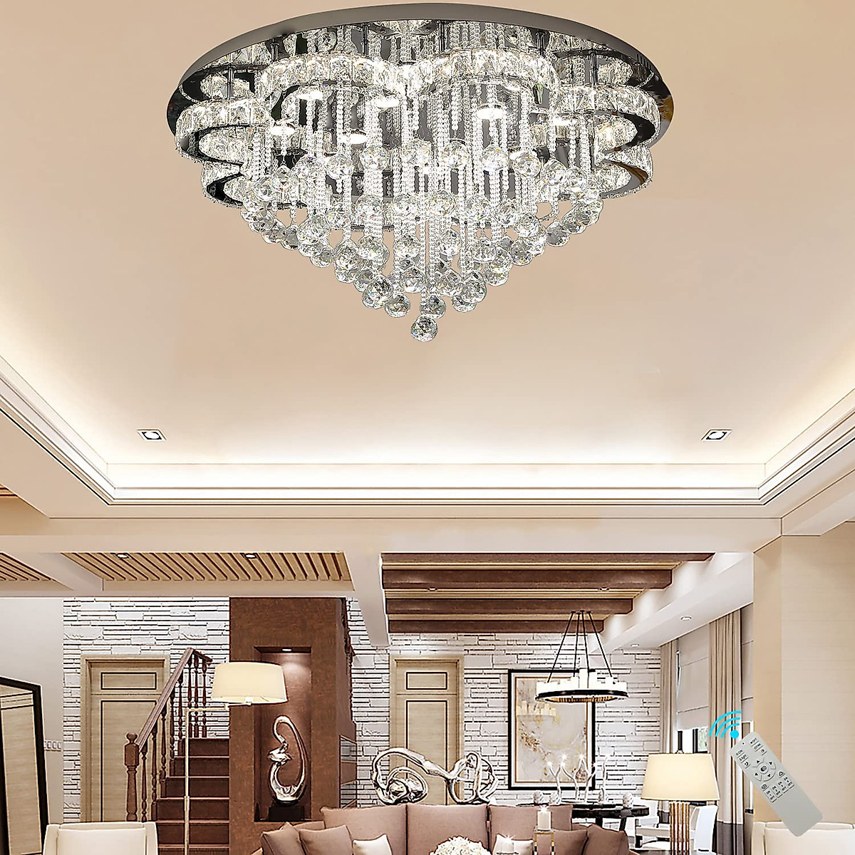 W32inches Modern Raindrop Crystal Chandeliers Flush Mount Ceiling Chandeliers for High Ceiling Entrance Foyer Bedroom Dining Room Living Room LED Dimming 2700k 4500k 6000k Contemporary Chandelier