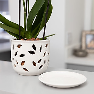 VEBAVO Large Ceramic Orchid Pot with Holes & Saucer 6.5 in. Indoor or Outdoor Pot for Orchid Care & Root Health with Precise Aeration & Drainage – Durable for Repotting or New Plants