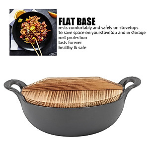 Cast Iron Wok with 2 Handle and Wooden Lid, Seasoned Cast Iron Wok Chinese Wok, Deep Frying Pan with Flat Base Uncoated for Stir Fry Grill Steam Authentic Asian Chinese Food (20cm)