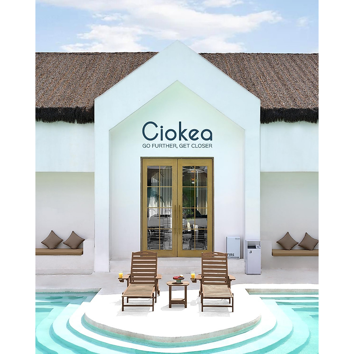 Lounge Chair Outdoor, Oversized Chaise Lounge Chair with 5 Positions, HDPE, Patio Lounge Chair with Wheels & Cup Holder for Pool, Deck, Poolside, Teak