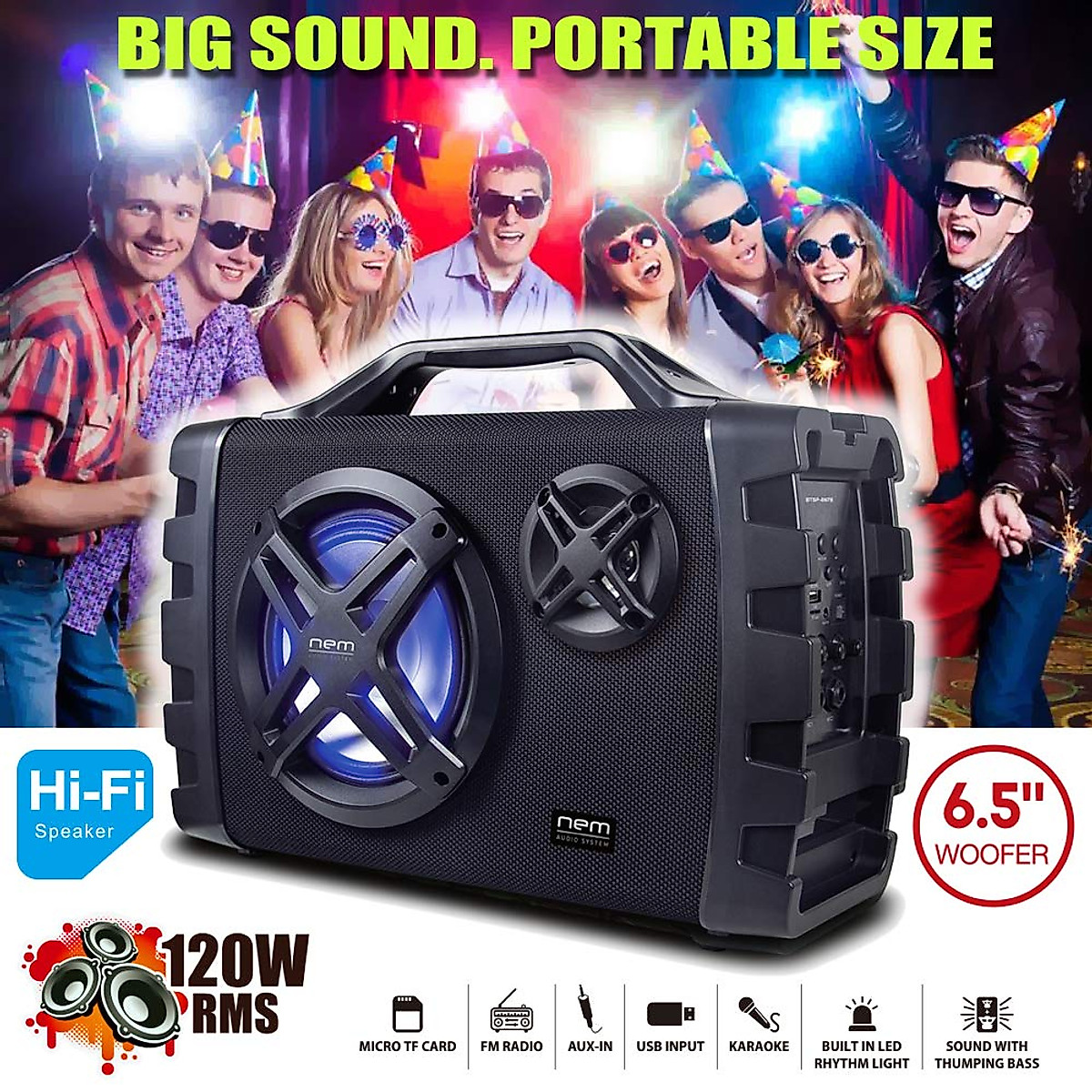 NEM Mobi7e Portable Wireless Bluetooth High Performance Stereo Speaker Extra Bass, USB Recording, Rechargeable Battery, AUX and TF Card Input, FM Radio, MP3, Mic and Guitar Input, LED Lights (Black)