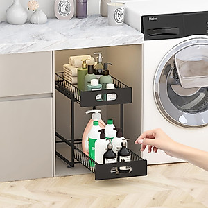 AIKEXIN Under Sink Organizers and Storage, 2 Tier Pull Out Sliding Cabinet Basket Organizer, Metal Cabinet Organizer & Storage Shelves for Kitchen Bathroom (Black)