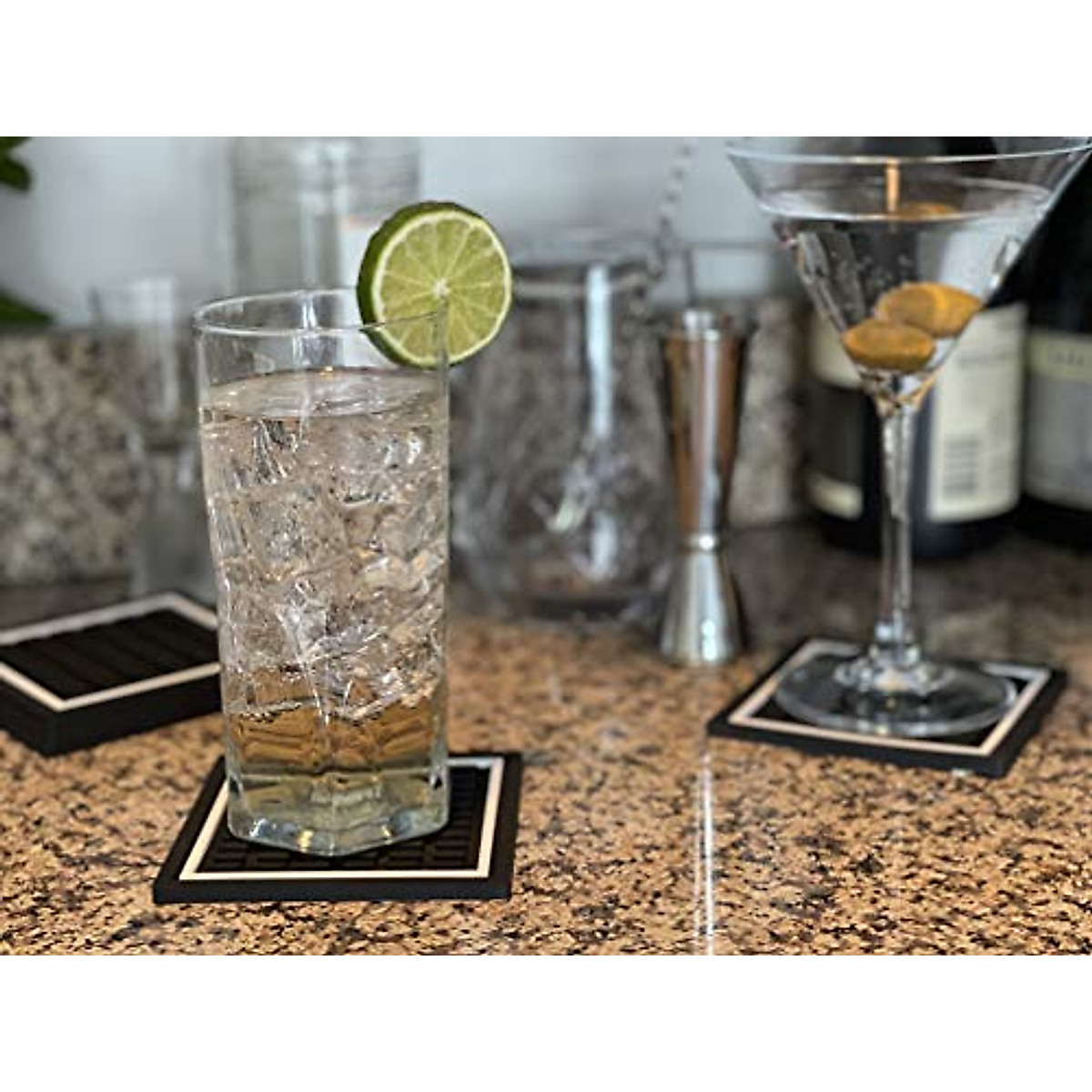Highball & Chaser Bar Mat Coasters | 6 Piece Coaster Set | Square Absorbent Coasters for Drinks | Stylish Design Great for Home Decor or Bars
