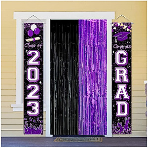 Graduation Decorations 2024 Purple Black Foil Fringe Backdrops, Black Purple Party Decorations Streamer Tinsel Curtains for Graduation Birthday Halloween Party(3 Pack)