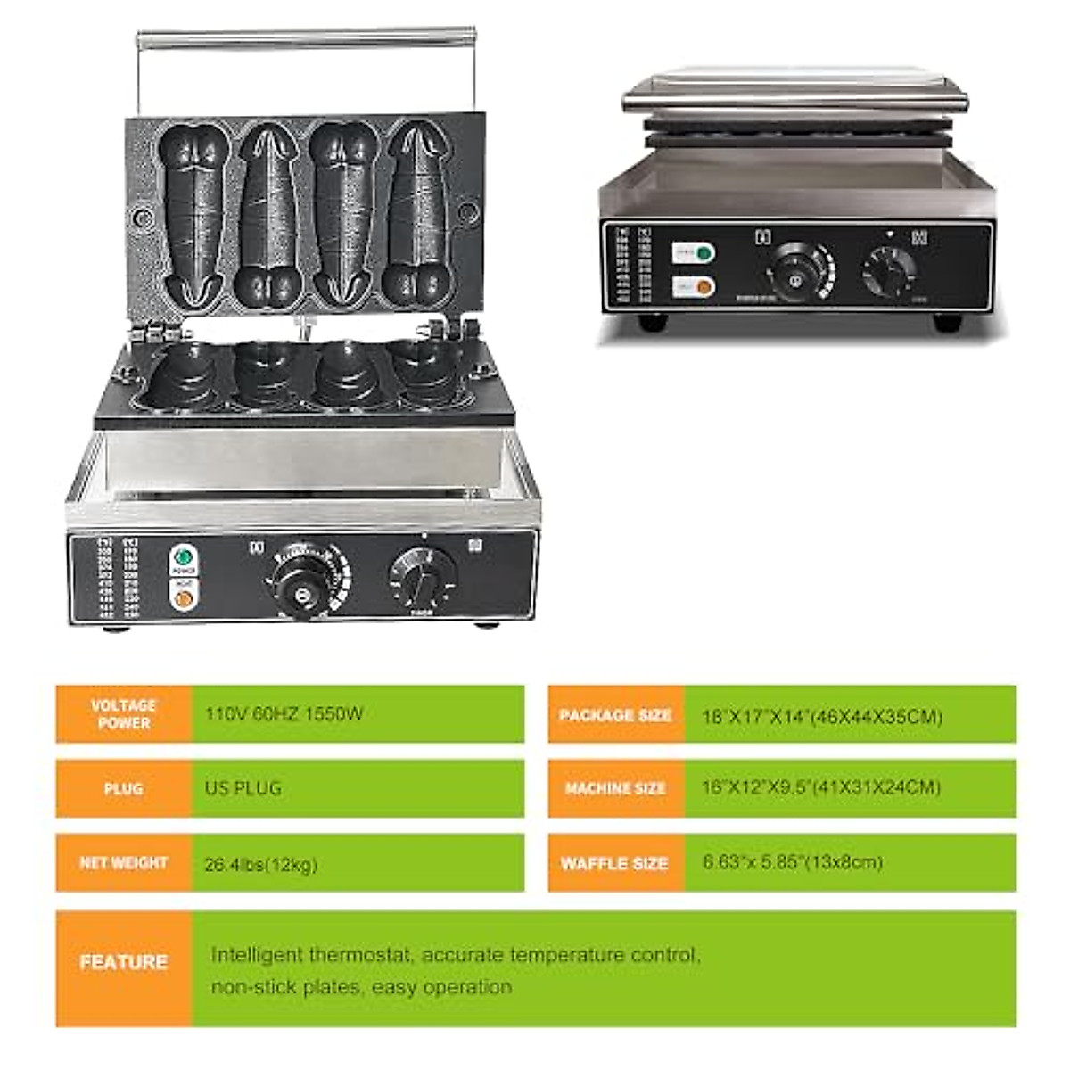 Vaseni Commercial Strange Shape Waffle Maker Machine, 4 PCS Non Stick Electric Waffle Iron, Hot Dog Baker, Waffle Iron Baking Machine, Pancake Maker, Waffle Ovens 1550W 110V