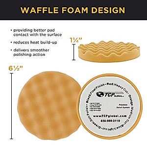 TCP Global 6.5" Orange Waffle Medium Cut Grip Foam Polish Buff Pad - DA Hook & Loop