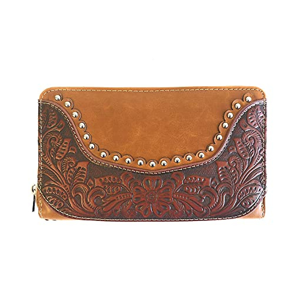 Montana West Ladies Wristlet Wallet 2-in-1 Western Tooled Genuine Leather Zippered Enclosure Brown