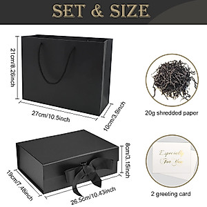 CIOUYAOS Black Gift Box with Lids, Large Ribbon Luxury Magnetic Packaging Box with Paper Bags, 2 Greeting Card and Shredded Paper Filler for Christmas Wedding Men Women Birthday Presents