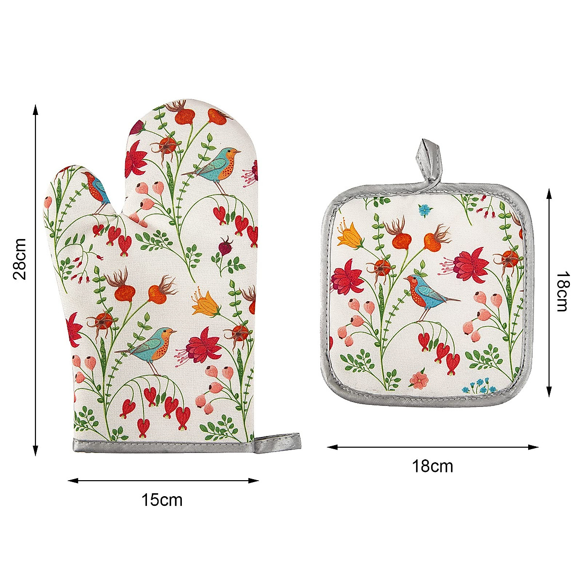 Kitchen Oven Mitts and Pot Holders Sets,The Pioneer Woman Flower Bird Print Oven Gloves and Potholders,Heat-Resistant Oven Gloves and Hot Pads,Pioneer Woman Kitchen Accessories,Gifts for Women