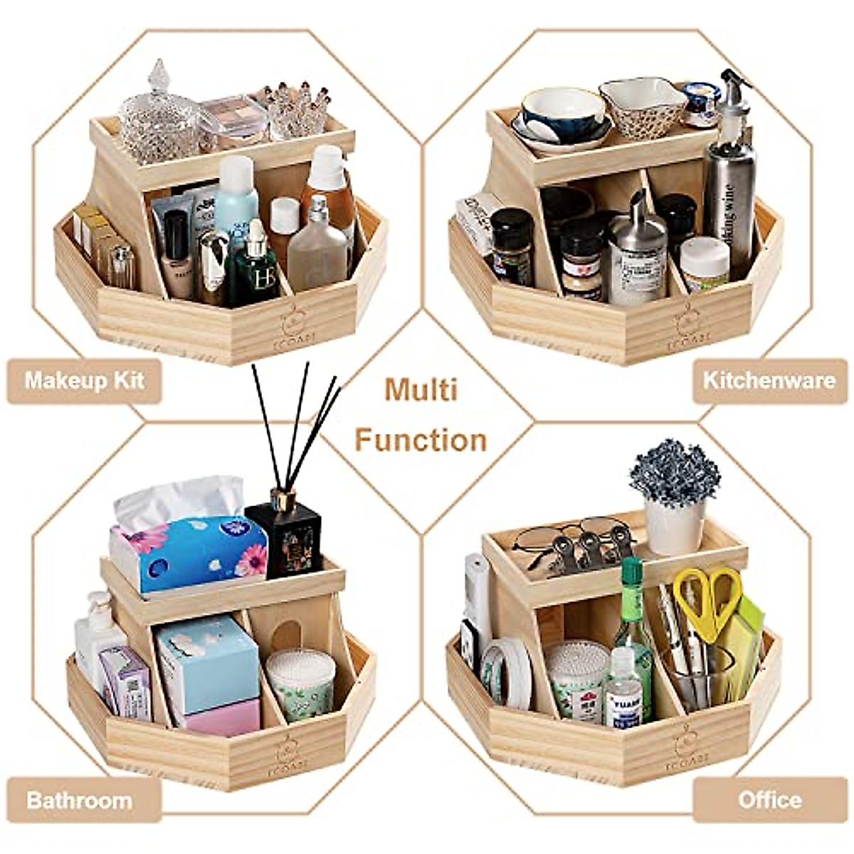 ECOADE Wooden Diaper Caddy Organizer - 360 Degrees Rotating Caddy with Removable Dividers, Nursery Diaper Organizer