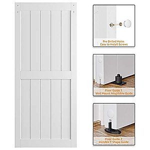 YiHICO 32 x 84in Solid MDF Barn Door(Predrilled & Unassembled Door Panels), with Whole 6ft Sliding Door Hardware Kit, 12in Handle Kit and 2 Floor Guides, PVC Waterproof Coating - White - H Frame