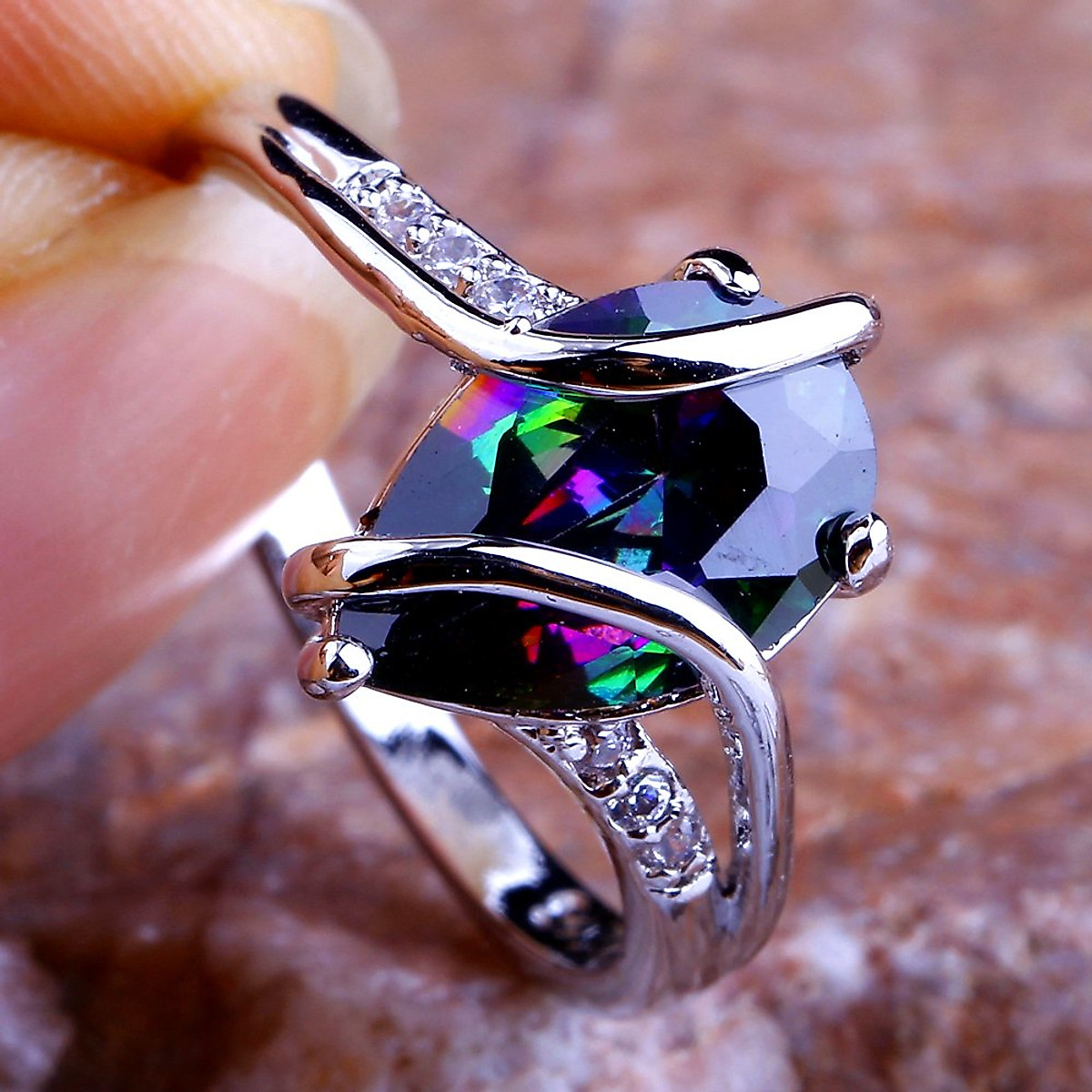 Psiroy 925 Sterling Silver Plated Simulated Rainbow Topaz Pear Shaped Promise Ring Size 8