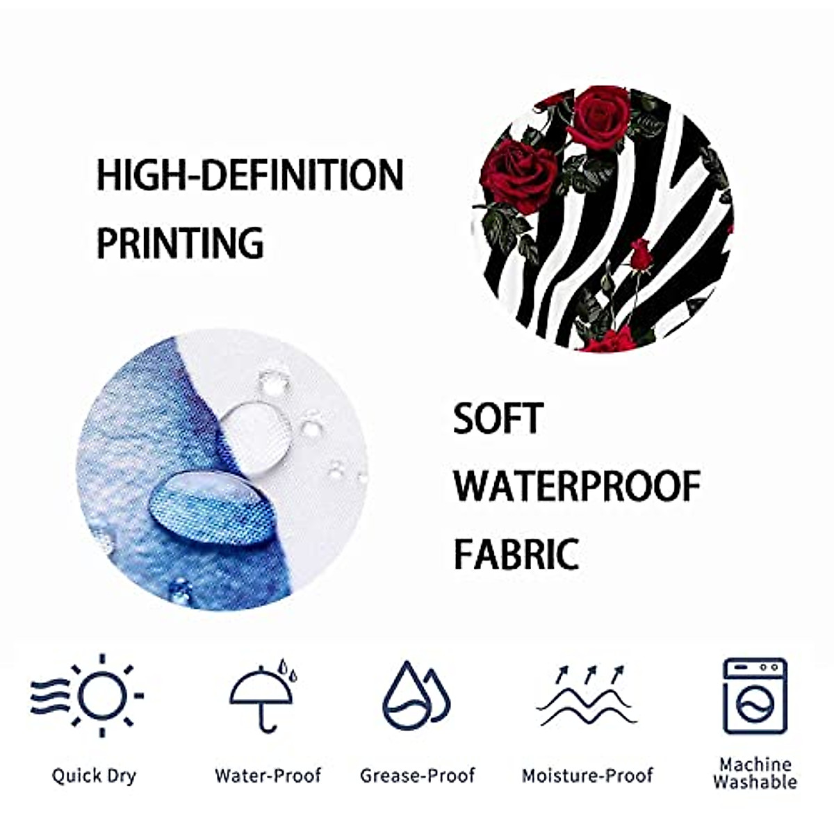 Dia Magico 4PCS Zebra Print Shower Curtain Set, Romantic Red Rose Floral Botanical Black and White Stripes Wildlife Safari Animal Skin Modern Bathroom Decor Fabric Shower Curtain, Non-Slip Bath Mat