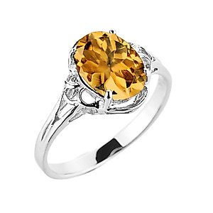 14k White Gold November Birthstone Genuine Oval Citrine Gemstone Solitaire Ring - Size 9