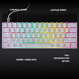 targeal 60% Mechanical Gaming Keyboard - 61 Keys Gateron Red Switch Quiet Office Computer Keyboard - Multi Color RGB Rainbow Led Backlit - Programmable for PC/Windows/Mac/Gamer - USB Wired - White