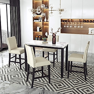 RUNWON 4 5-Piece Modern Counter Height Kitchen Dining Table Set with Matching Chairs and Marble Veneer for Home Living Room, Beige