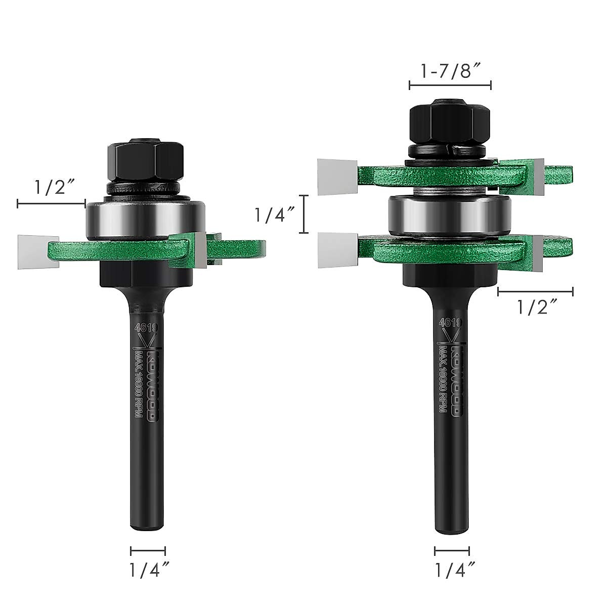 KOWOOD Pro Tongue and Groove Set of 2 Pieces 1/4 Inch Shank Router Bit Set 3 Teeth Adjustable T Shape Wood Milling Cutter