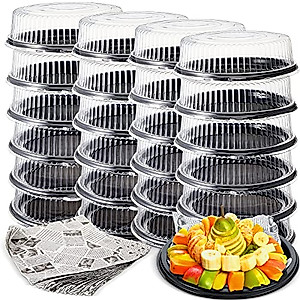 Tessco 24 Pcs 12 Inch Catering Trays with Clear Lids and 48 Pcs Deli Wax Paper Sheets, Serving Trays Disposable Black Plastic Round Platters for Party Food Sandwich Veggie Cookie Trays, Heavy Duty