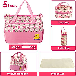 KOCASO 5PCS Baby Nappy Diaper Bags Set Mummy Diaper Shoulder Bags w/Nappy Changing Pad Insulated Pockets Travel Tote Bags For Mom Dad (Pink)