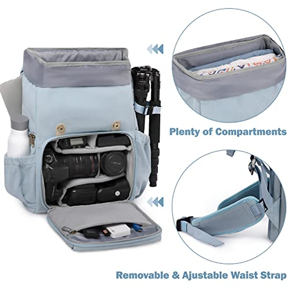 BAGSMART Camera Backpack, DSLR Camera Bag, Waterproof Camera Bag Backpack for Photographers, Fit up to 15" Laptop with Rain Cover and Tripod Holder, Light Blue