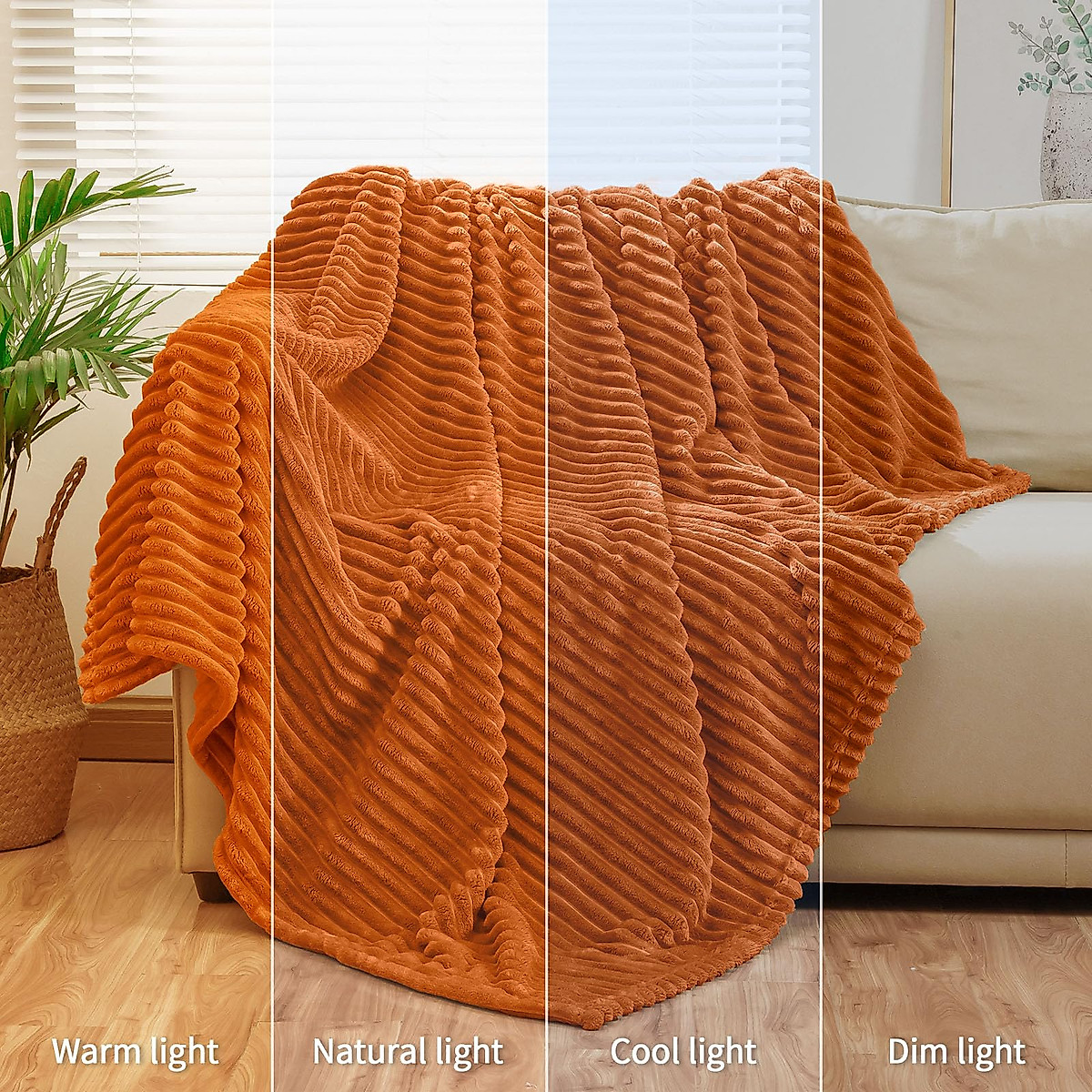 Bnuitland Burnt Orange Flannel Throw with storage pouch,300GSM Super soft Fleece Stripe Pattern sofa Blanket for Adults and Kids, Lightweight Cozy Bed Throw for home decor All season