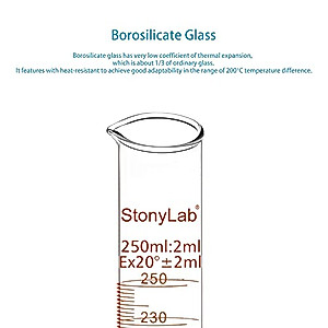 stonylab 1-Pack Graduated Cylinder, Borosilicate Glass 250 ml Heavy Wall Graduated Glass Measuring Cylinder