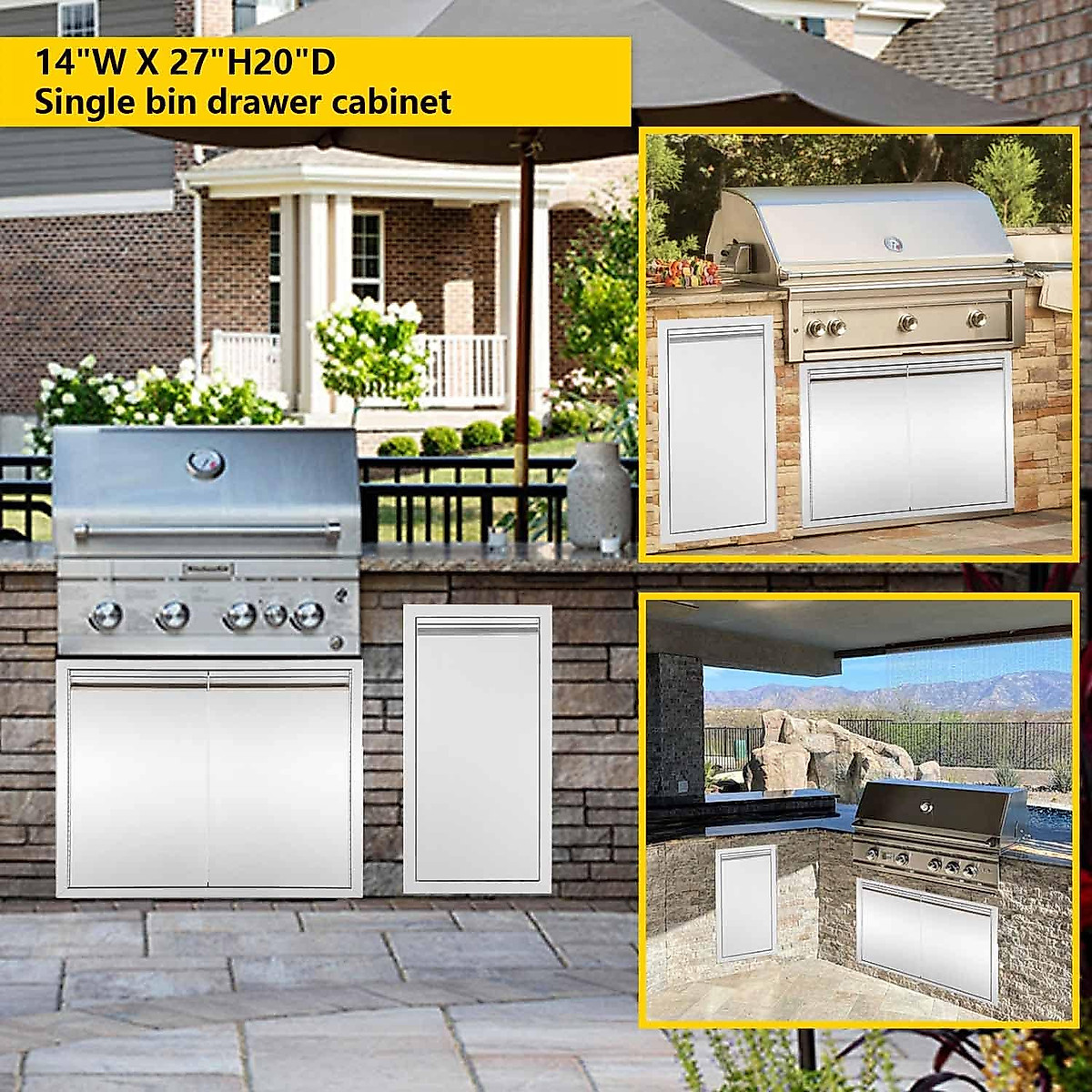 PUNCTN Outdoor Kitchen Drawers14Wx27Hx20D Inch, Outdoor Kitchen Trash Drawer Storage, Pull-Out Tray Stainless Steel Trash Drawer Without Handle Design for Outdoor Kitchen BBQ Island