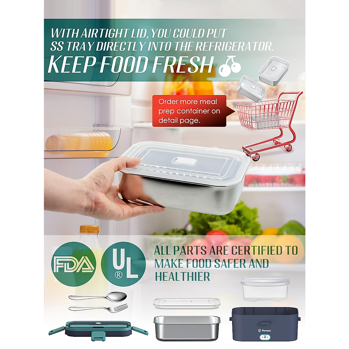 Pavezo Electric Lunch Box [Faster-75W, Large-1.8L] Food Heated Lunch Box, 12V/24V/110V Food Warmer Lunch Box for Car Truck Home, With Airtight Lid, SS Container, Fork Spoon, Carry Bag