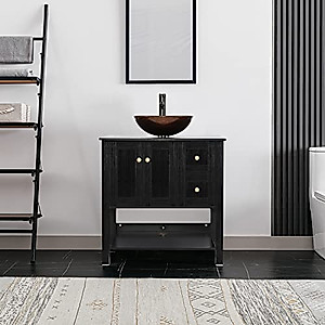 eclife 32" Bathroom Vanity Sink Combo Black Cabinet Vanity Brown Round Tempered Glass Vessel Sink & 1.5 GPM Water Save Faucet & Solid Brass Pop Up Drain (A09 V004)