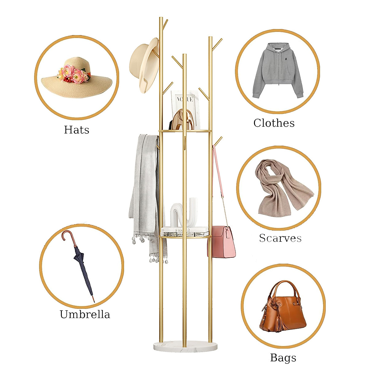 HKaikzo Gold Coat Rack Stand, Metal Coat Racks Tree Hanger Freestanding with 3 Storage Shelves and 9 High-grade Hooks and Stable Marble Base, for Jackets、Hat、Umbrella